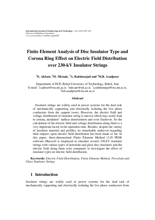 (PDF) Finite Element Analysis of Disc Insulator Type and Corona Ring Effect on Electric Field ...