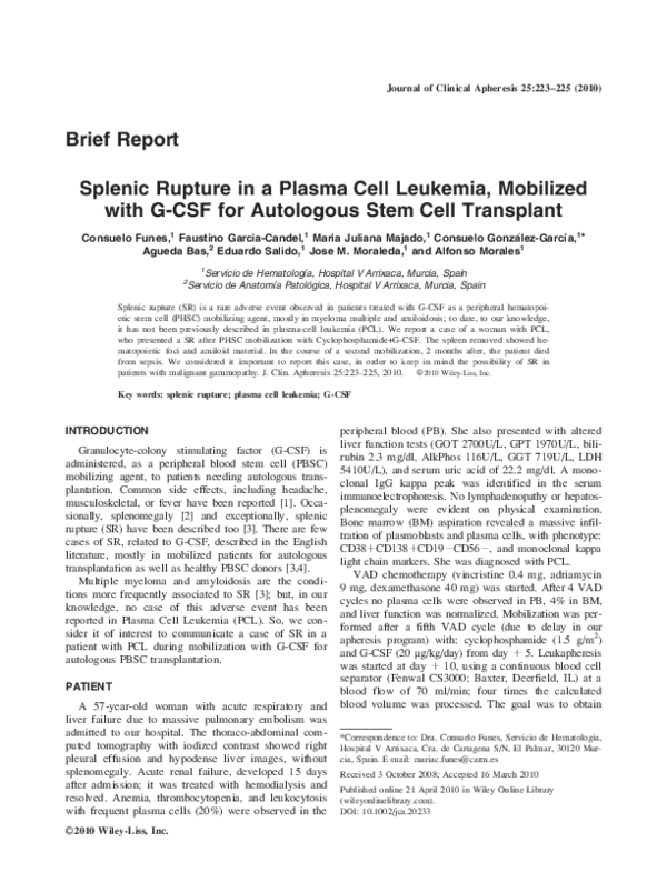 (PDF) Splenic rupture in a plasma cell leukemia, mobilized with G-CSF ...
