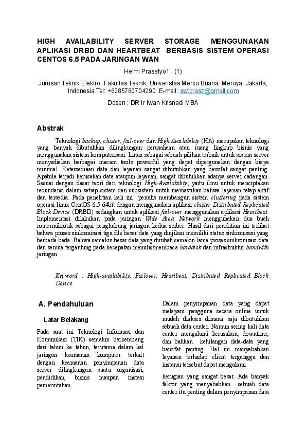 (DOC) HIGH AVAILABILITY SERVER STORAGE MENGGUNAKAN APLIKASI DRBD DAN HEARTBEAT BERBASIS SISTEM ...