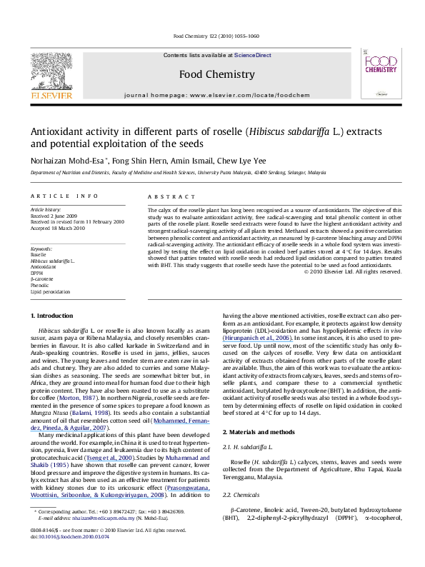 (PDF) Antioxidant activity in different parts of roselle (Hibiscus sabdariffa L.) extracts and ...