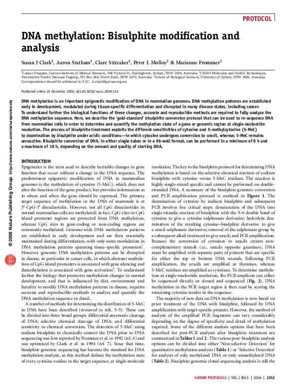 Pdf Dna Methylation Bisulphite Modification And Analysis