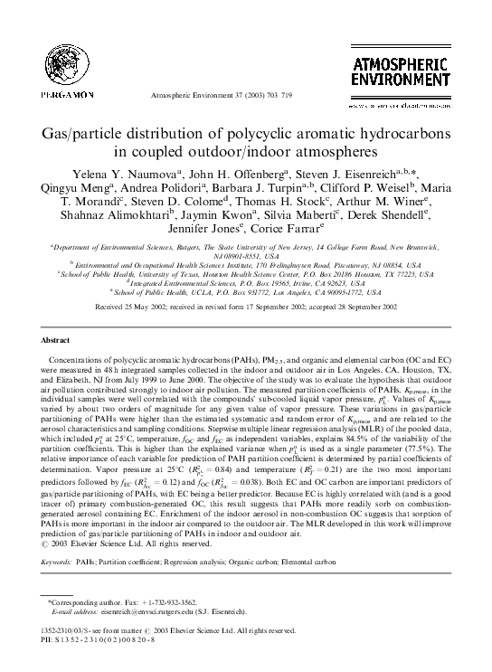 (PDF) Gas/particle distribution of polycyclic aromatic hydrocarbons in coupled outdoor/indoor ...