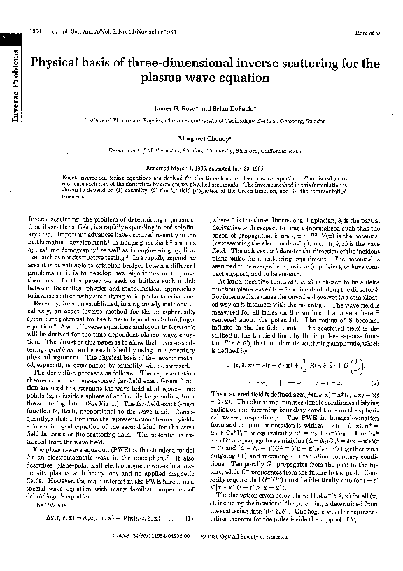 (PDF) Physical basis of three-dimensional inverse scattering for the plasma wave equation