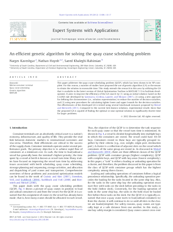 Pdf An Efficient Genetic Algorithm For Solving The Quay Crane