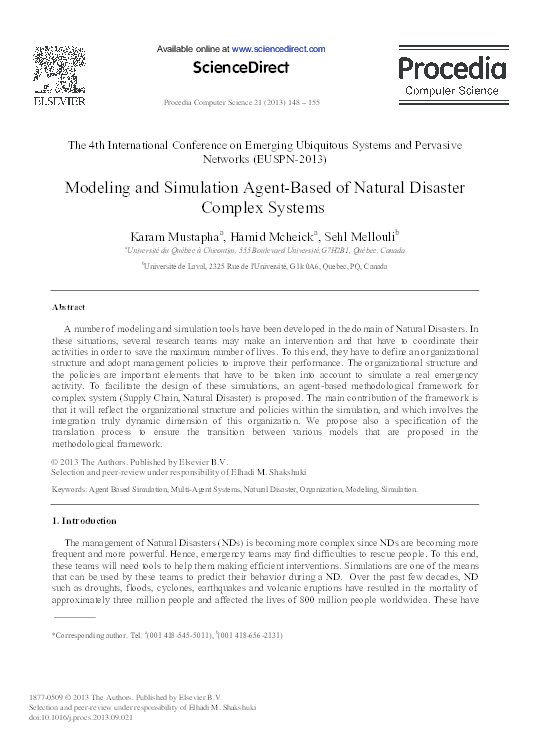 (PDF) Modeling and Simulation Agent-based of Natural Disaster Complex Systems