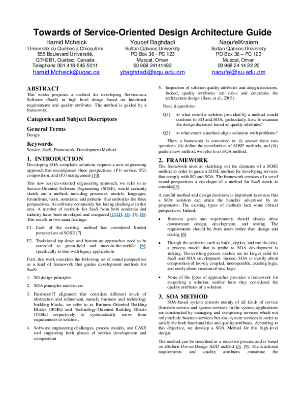(PDF) Towards of service-oriented design architecture method | Hamid Mcheick - Academia.edu