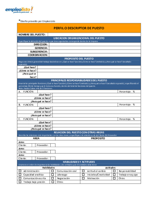 (PDF) PERFIL O DESCRIPTOR DE PUESTO NOMBRE DEL PUESTO: UBICACION ORGANIZACIONAL DEL PUESTO