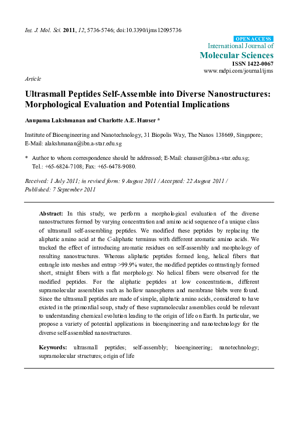 (PDF) Ultrasmall Peptides Self-Assemble into Diverse Nanostructures: Morphological Evaluation ...