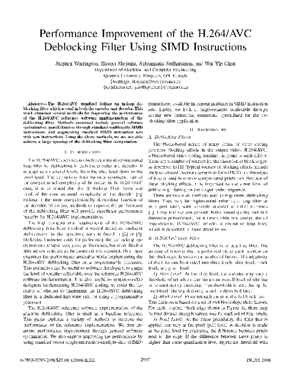 (PDF) Performance improvement of the H.264/AVC deblocking filter using SIMD instructions