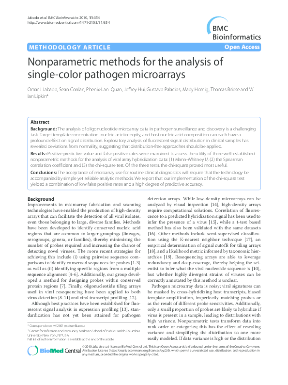 (PDF) Nonparametric methods for the analysis of single-color pathogen microarrays