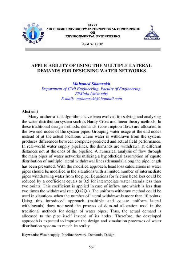 (PDF) Applicability of Using the Multiple Lateral Demands for Designing Water Networks
