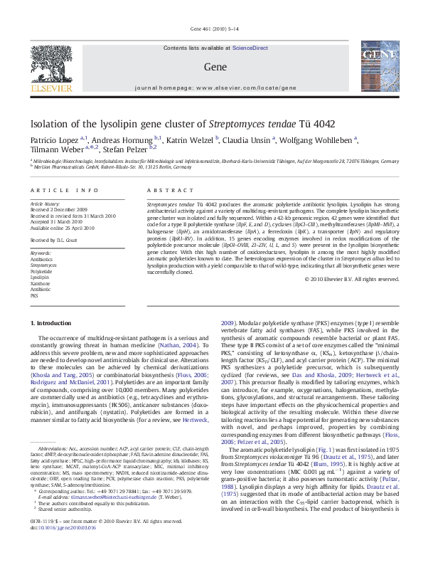 (PDF) Isolation of the lysolipin gene cluster of Streptomyces tendae Tü ...