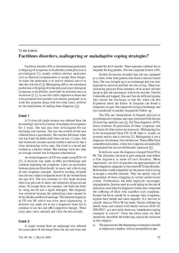 (PDF) Factitious disorders, malingering or maladaptive coping strategies?