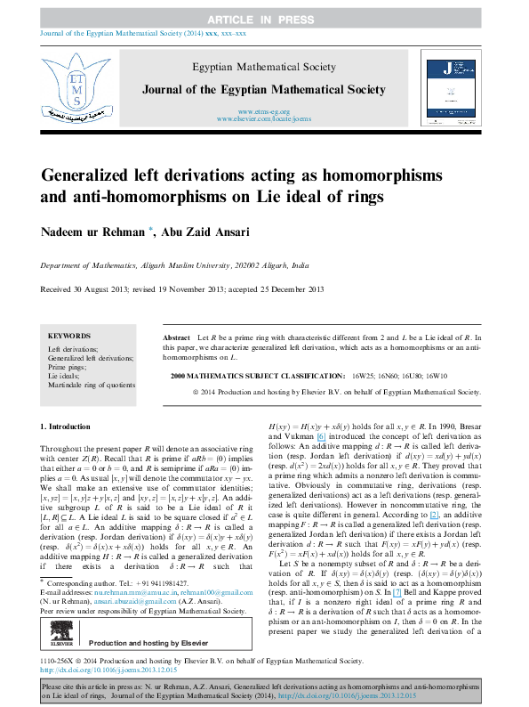 (PDF) Generalized left derivations acting as homomorphisms and anti ...