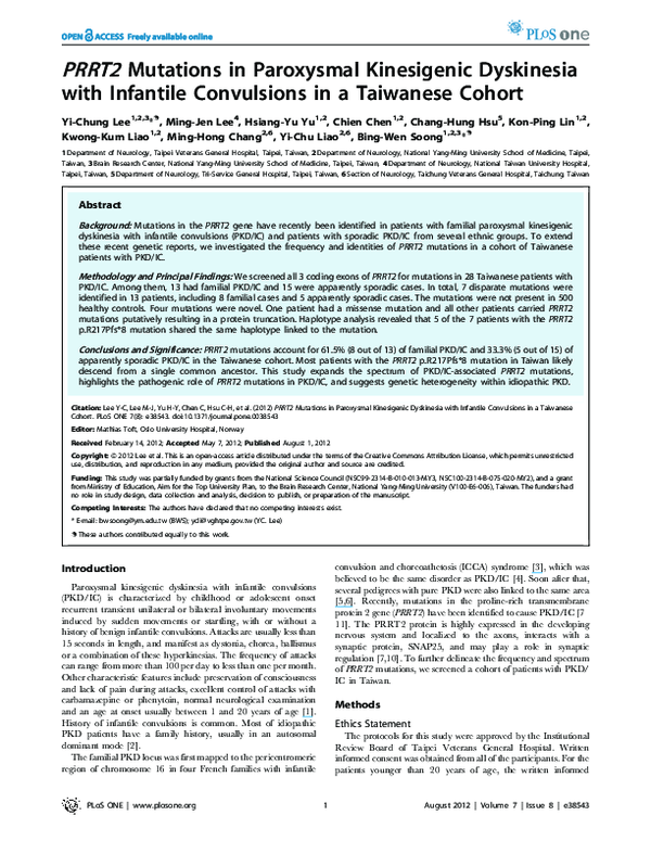 (PDF) PRRT2 Mutations in Paroxysmal Kinesigenic Dyskinesia with Infantile Convulsions in a ...