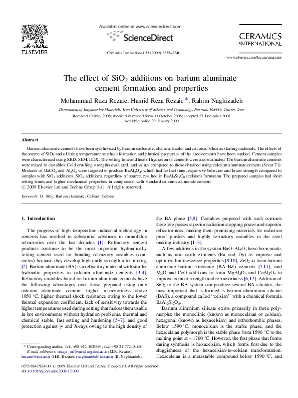 (PDF) The effect of SiO 2 additions on barium aluminate cement ...