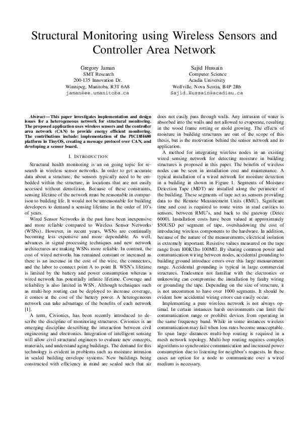 (PDF) Structural Monitoring using Wireless Sensors and Controller Area Network