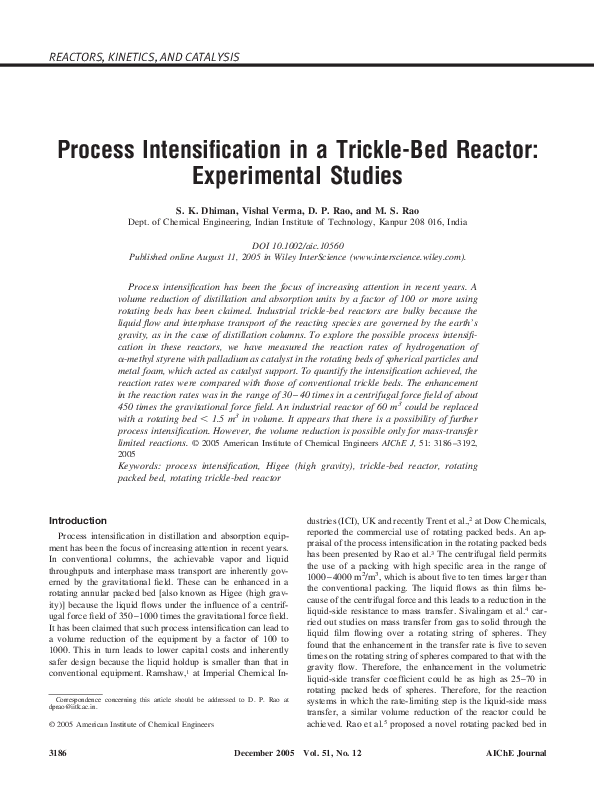 (PDF) Process intensification in a trickle-bed reactor: Experimental studies