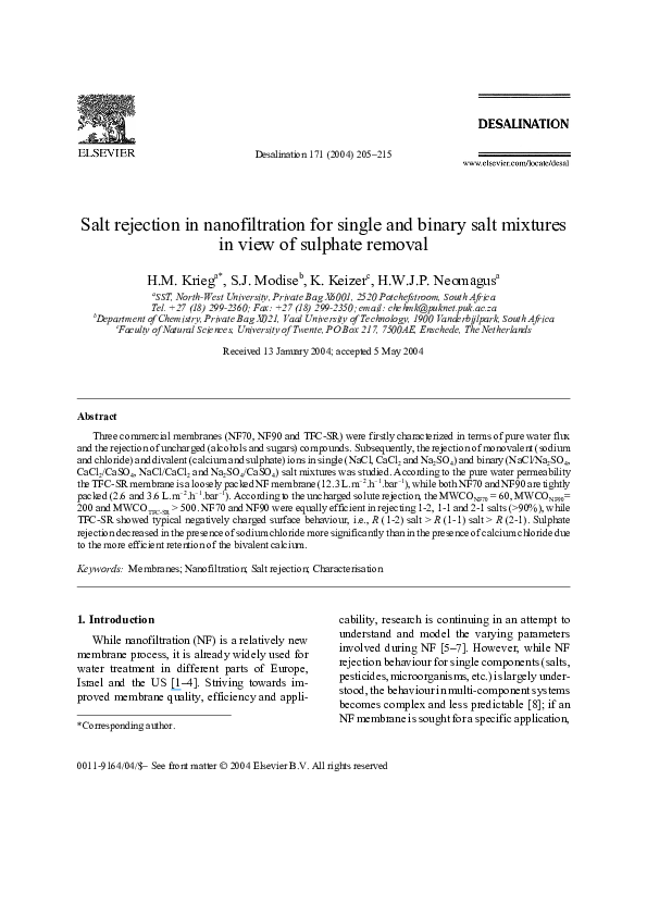 (PDF) Salt rejection in nanofiltration for single and binary salt ...