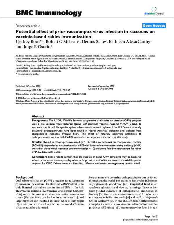 (PDF) Potential effect of prior raccoonpox virus infection in raccoons on vaccinia-based rabies ...