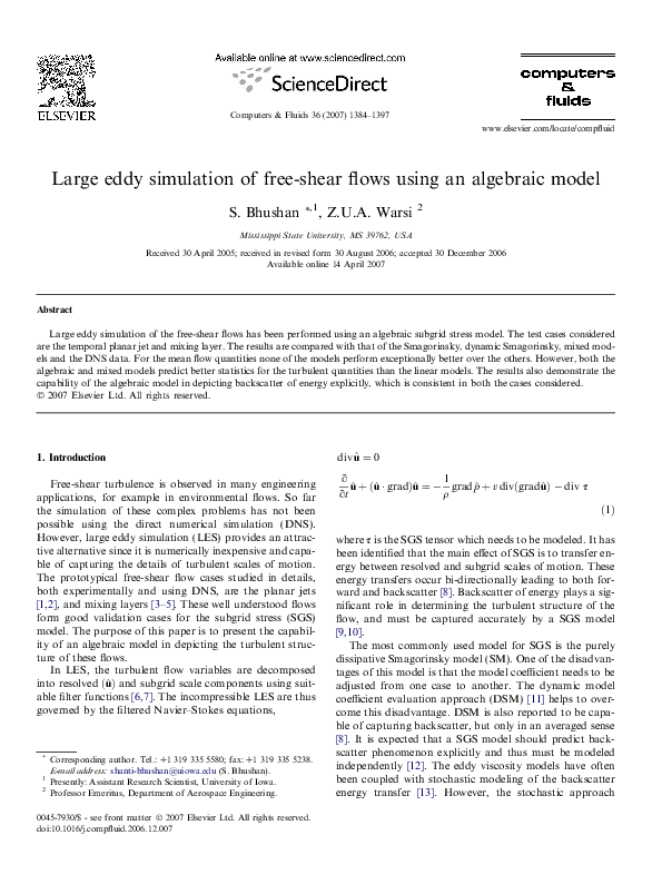 (PDF) Large eddy simulation of free-shear flows using an algebraic model