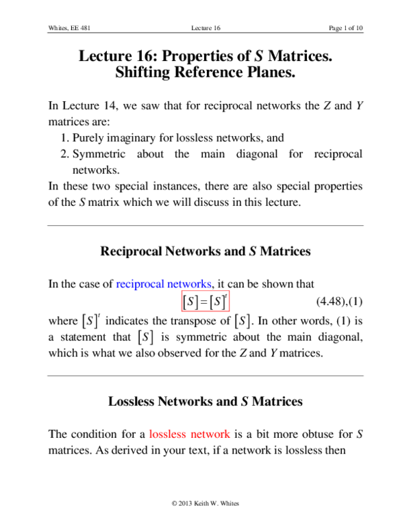 (PDF) Lecture 16: Properties of S Matrices. Shifting Reference Planes