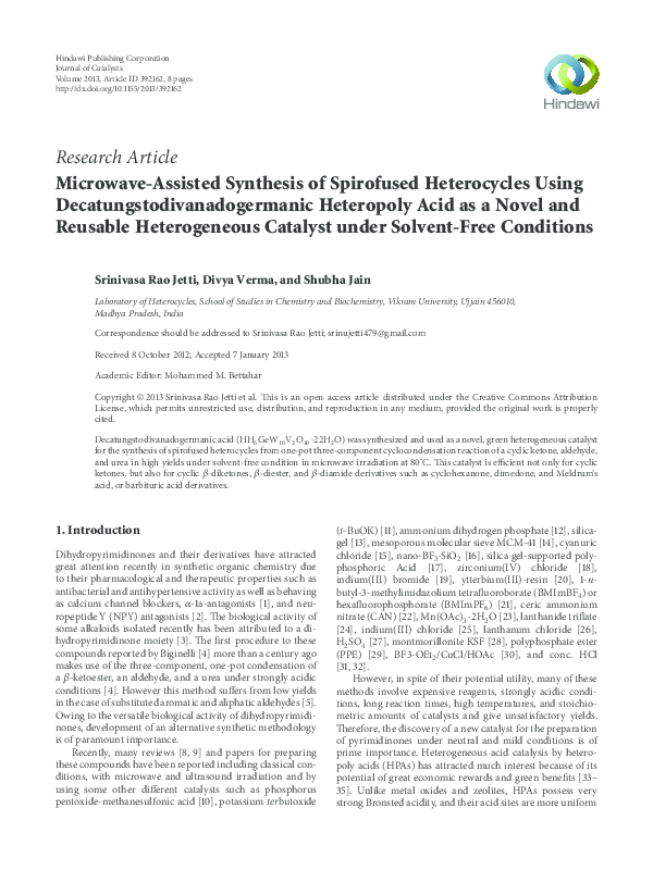 (PDF) Microwave-Assisted Synthesis of Spirofused Heterocycles Using Decatungstodivanadogermanic ...