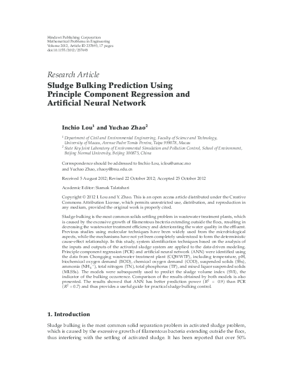 Pdf Sludge Bulking Prediction Using Principle Component Regression And Artificial Neural Network