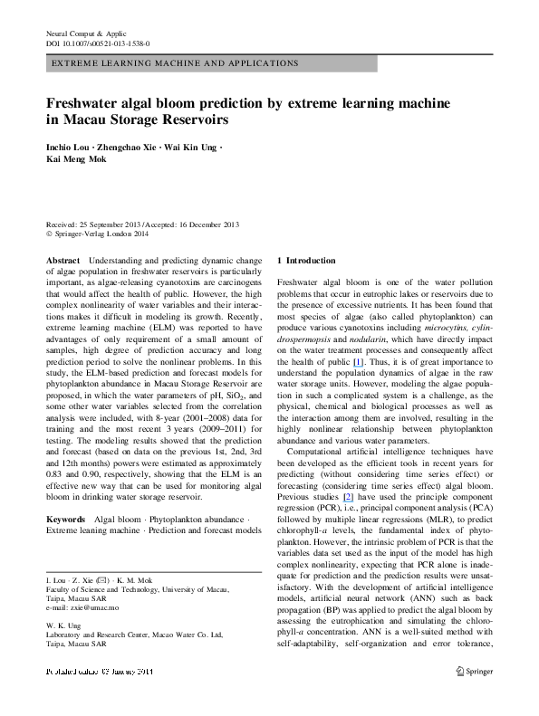 (PDF) Freshwater algal bloom prediction by extreme learning machine in ...