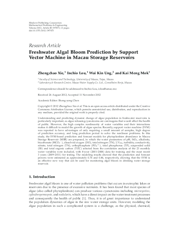 (PDF) Freshwater Algal Bloom Prediction by Support Vector Machine in ...