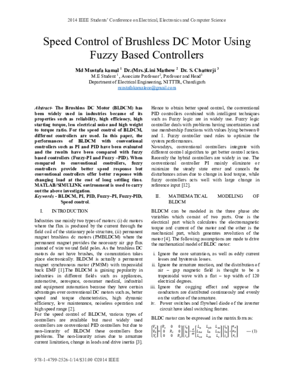 (PDF) Speed control of Brushless DC Motor using fuzzy based controllers