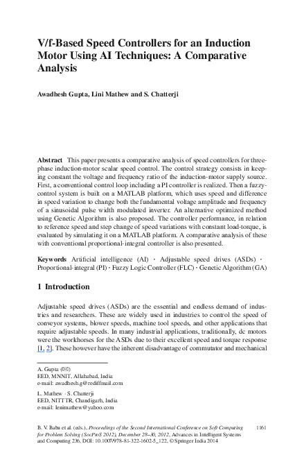 Pdf Vf Based Speed Controllers For An Induction Motor Using Ai Techniques A Comparative Analysis