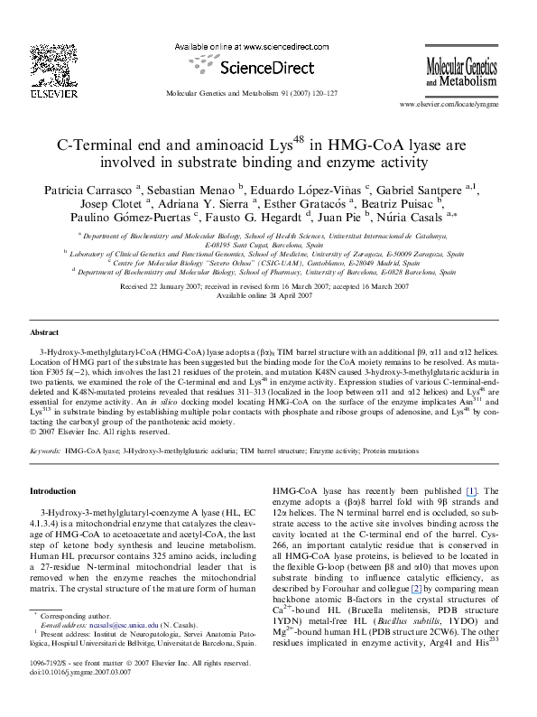 (PDF) C-terminal end and aminoacid Lys(48) in HMG-CoA lyase are ...
