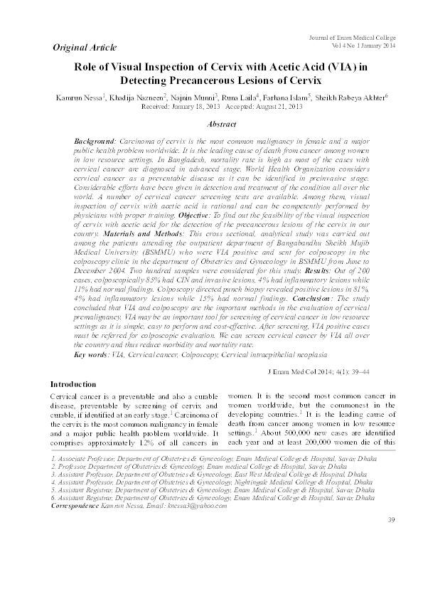 (PDF) Role of Visual Inspection of Cervix with Acetic Acid (VIA) in ...