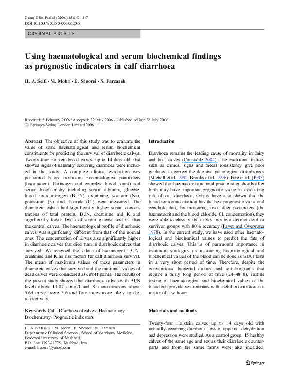 (PDF) Using haematological and serum biochemical findings as prognostic indicators in calf diarrhoea