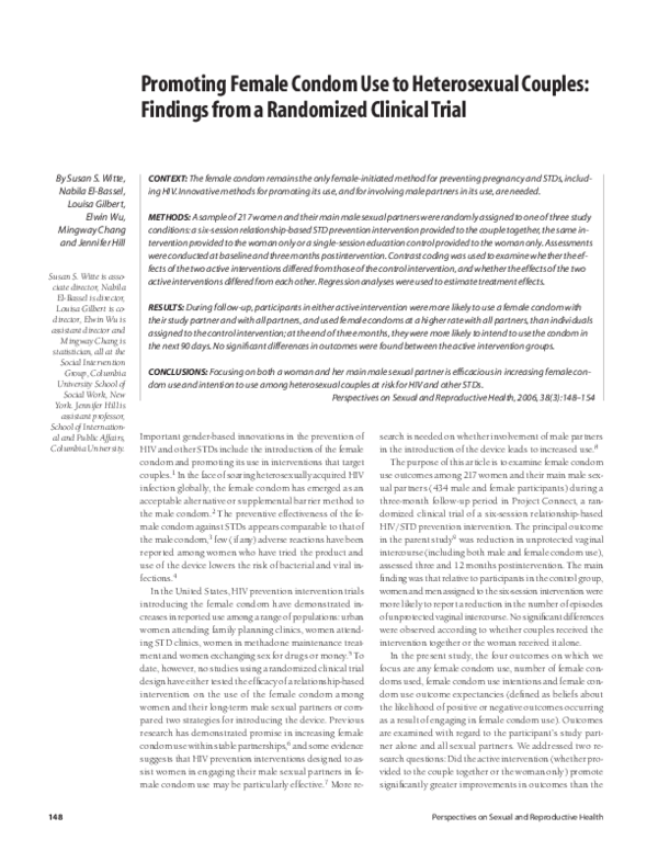 Pdf Promoting Female Condom Use To Heterosexual Couples Findings