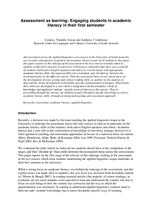 (PDF) Assessment as learning: Engaging students in academic literacy in their first semester