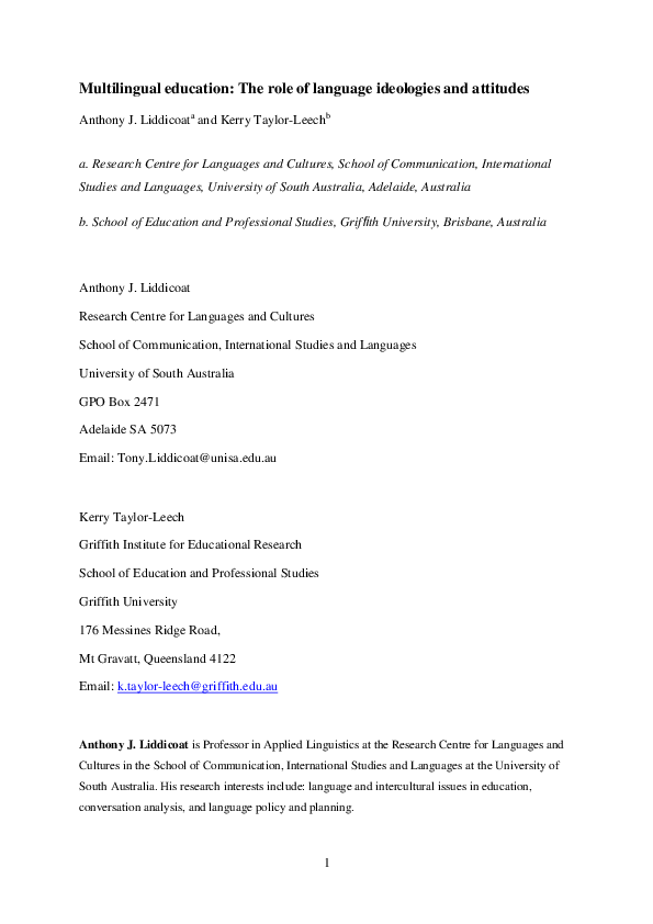 (PDF) Multilingual education: the role of language ideologies and attitudes