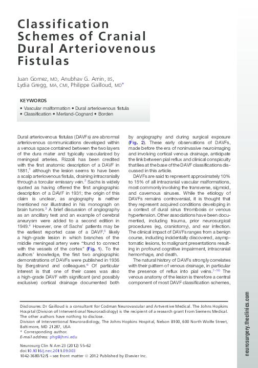 (PDF) Classification schemes of cranial dural arteriovenous fistulas