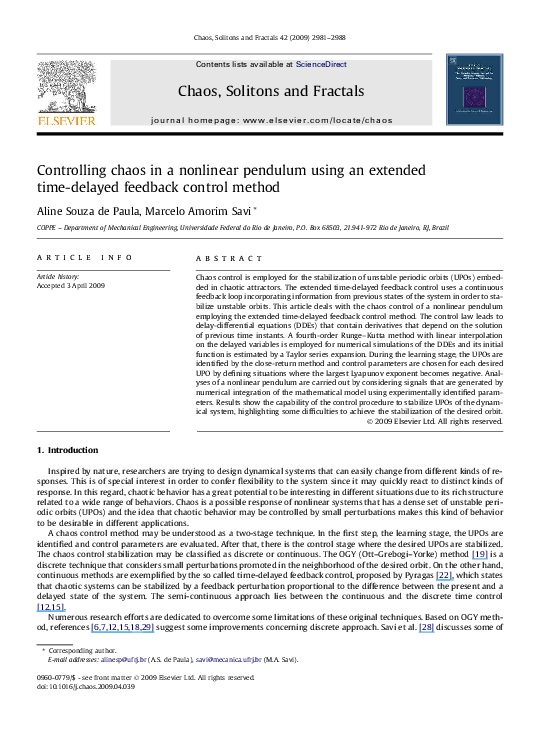 (PDF) Controlling chaos in a nonlinear pendulum using an extended time-delayed feedback control ...