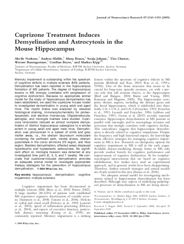 (PDF) Cuprizone treatment induces demyelination and astrocytosis in the ...