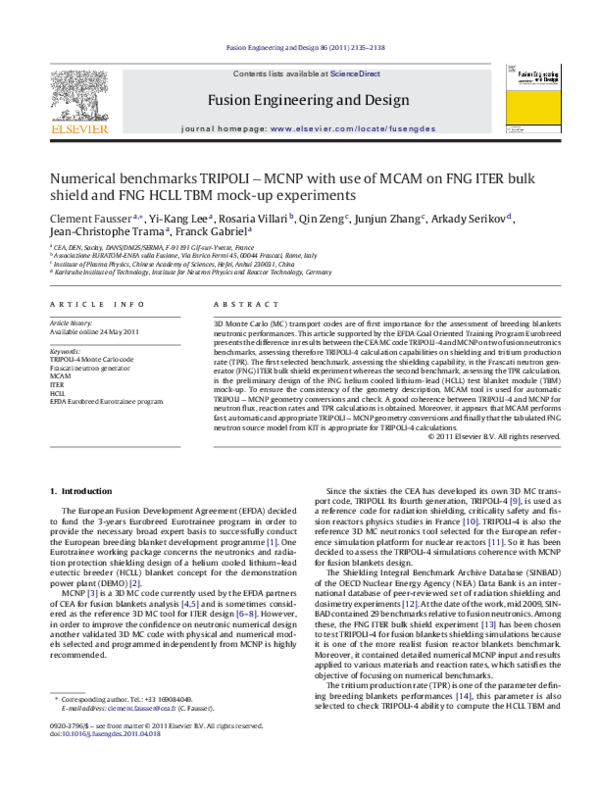 (PDF) Numerical benchmarks TRIPOLI − MCNP with use of MCAM on FNG ITER bulk shield and FNG HCLL ...