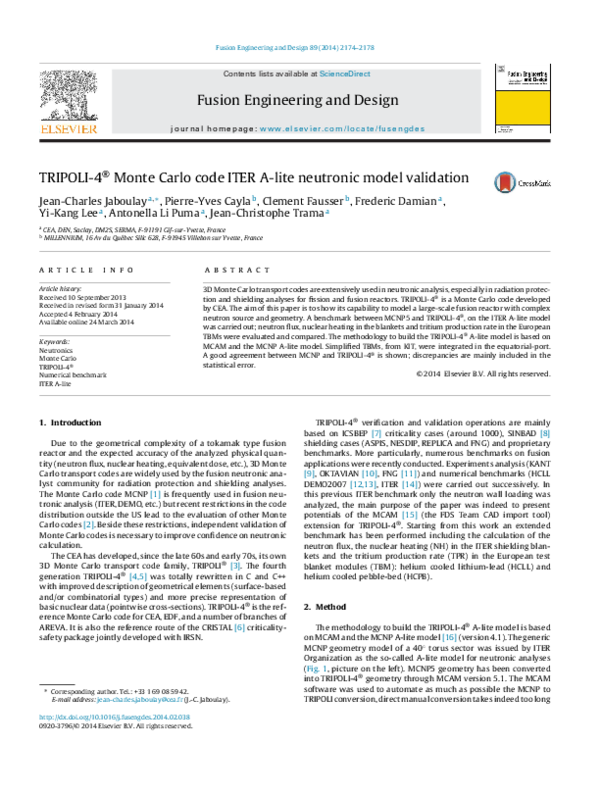 (PDF) TRIPOLI-4® Monte Carlo code ITER A-lite neutronic model validation