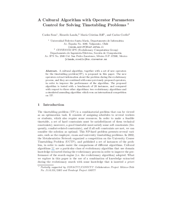 (PDF) A Cultural Algorithm with Operator Parameters Control for Solving Timetabling Problems