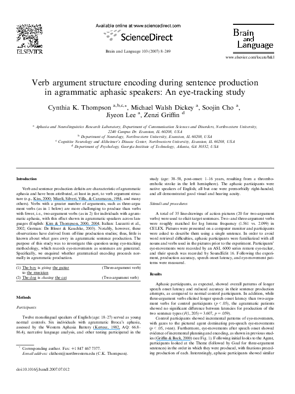 Pdf Verb Argument Structure Encoding During Sentence Production In