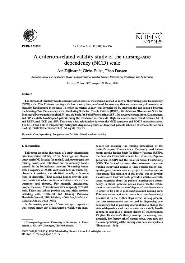 (PDF) A criterion-related validity study of the Nursing-Care Dependency ...