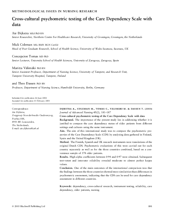 (PDF) Cross-cultural psychometric testing of the Care Dependency Scale ...
