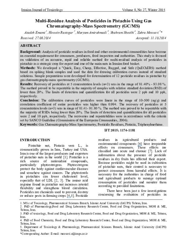 (PDF) Multi-Residue Analysis of Pesticides in Pistachio Using Gas Chromatography-Mass ...