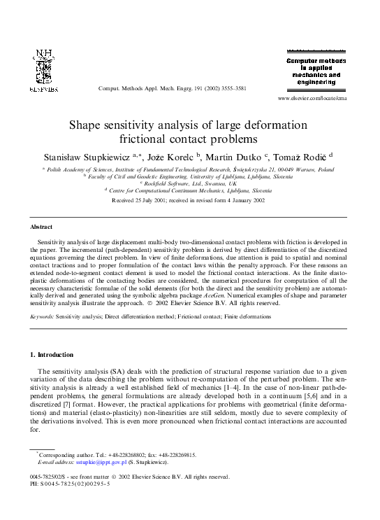 Pdf Shape Sensitivity Analysis Of Large Deformation Frictional Contact Problems