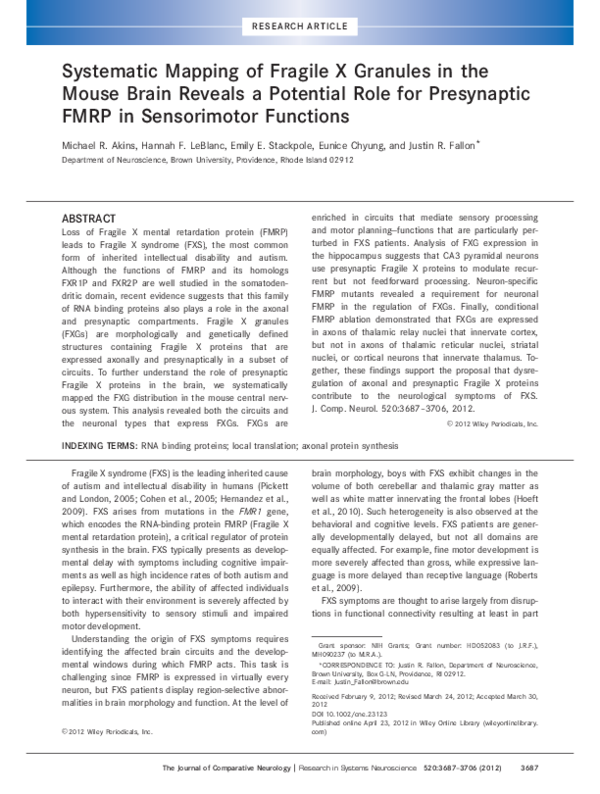 (PDF) Systematic mapping of fragile X granules in the mouse brain reveals a potential role for ...